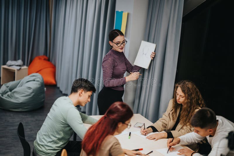 Teacher Guiding Students during an Interactive Classroom Session Stock ...