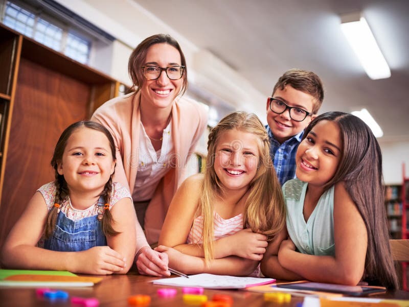 Teacher, Happy Kids or Portrait of Students in Library for Education ...