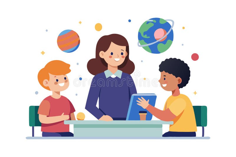 Teacher Helping Kids with a Science Project in Classroom Stock Vector ...