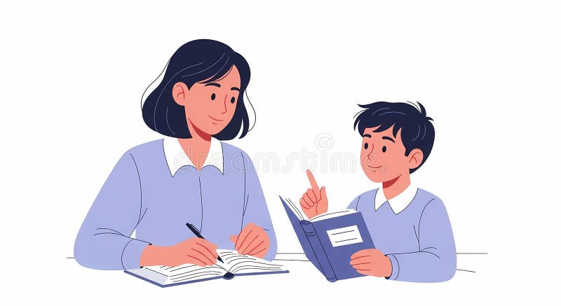 Teacher Helping Student with Reading and Writing in a Classroom Setting ...