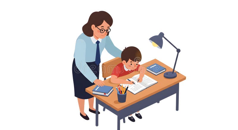 Teacher Helping Student Studying at Desk with Book and Lamp Stock ...