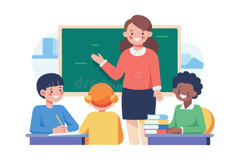 Teacher Helping Students in a Classroom Stock Illustration ...