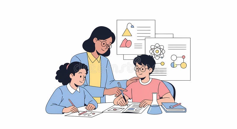 Teacher Helping Students with Science Homework at Desk in Classroom ...