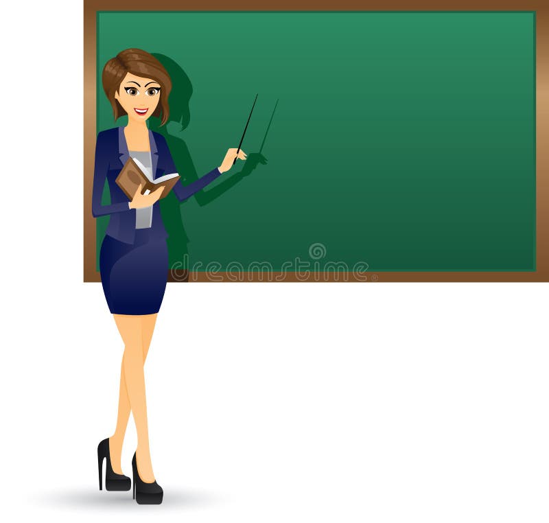 Cartoon Female Teacher Standing Next To A Blackboard Stock Vector