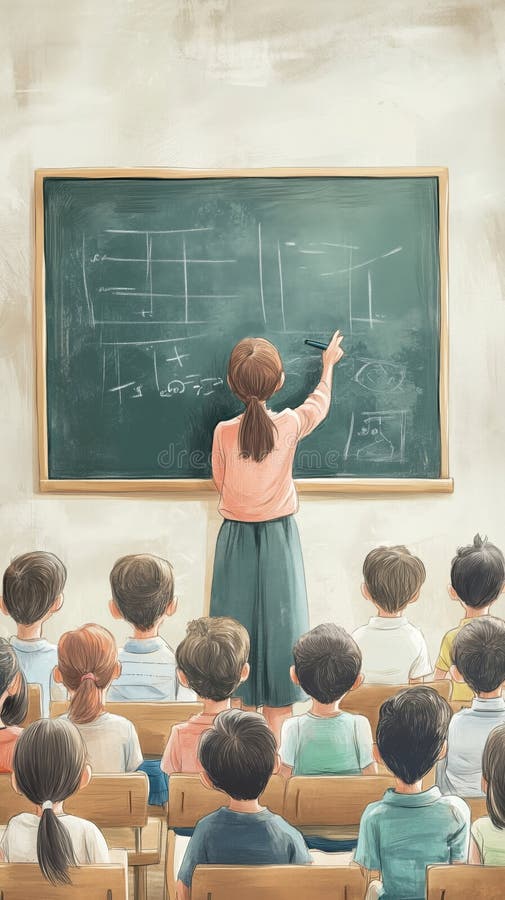 Teacher Instructing Students in Classroom, Chalkboard Filled with ...