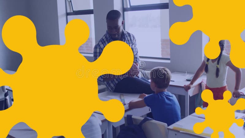 Teacher Interacting with Students in Classroom Over Yellow Splash ...