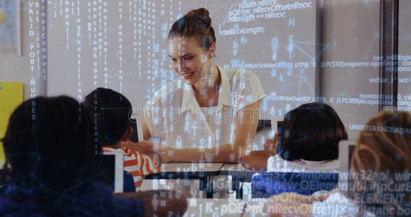Teacher Interacting with Students, Data Processing Animation Over Classroom Setting Stock ...