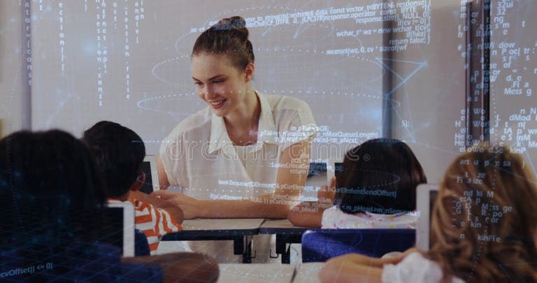 Teacher Interacting with Students, Data Processing Image Over Classroom ...