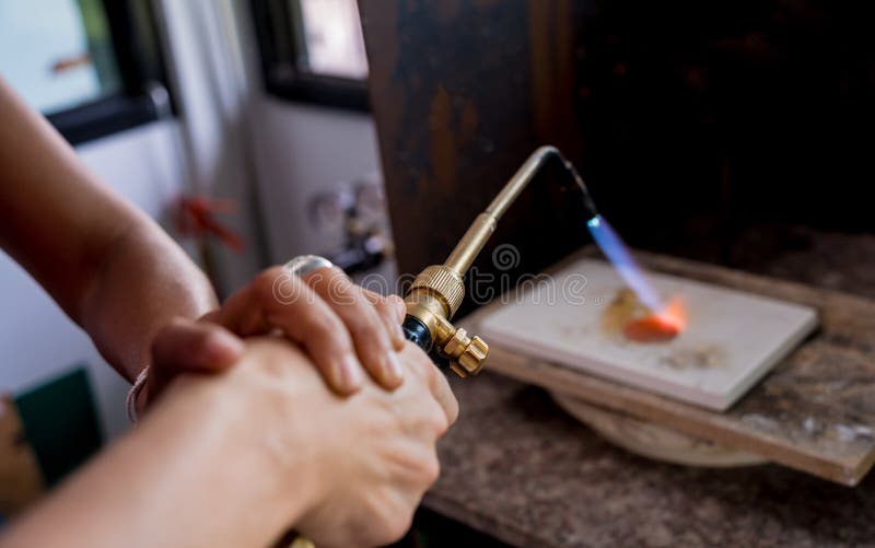 Teacher Jeweler and Student Using Burner in Workshop Stock Photo ...
