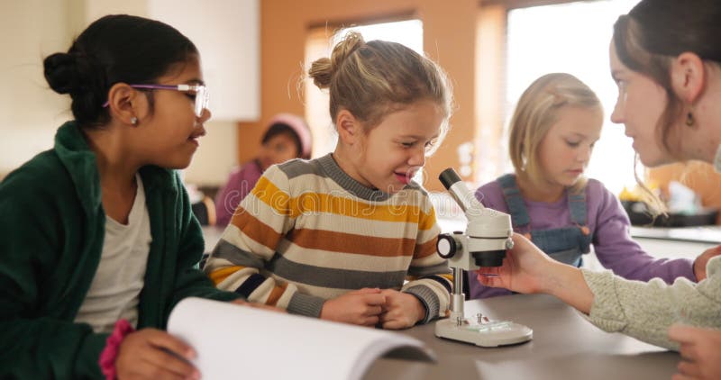 Teacher, Kids and Curious with Microscope in Classroom for Education ...