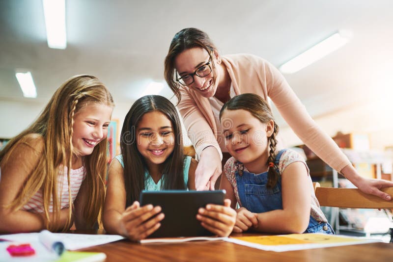 Teacher, Kids and Digital with Tablet for Education, Elearning and Math ...