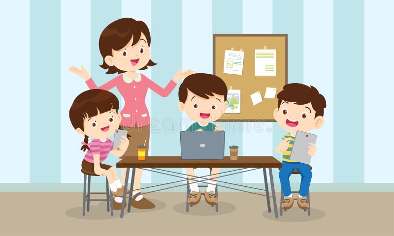 Teacher and Kids Learning Computer Technology Education Stock ...