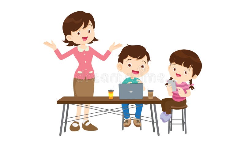 Teacher and Kids Learning Computer Technology Education Stock Vector ...