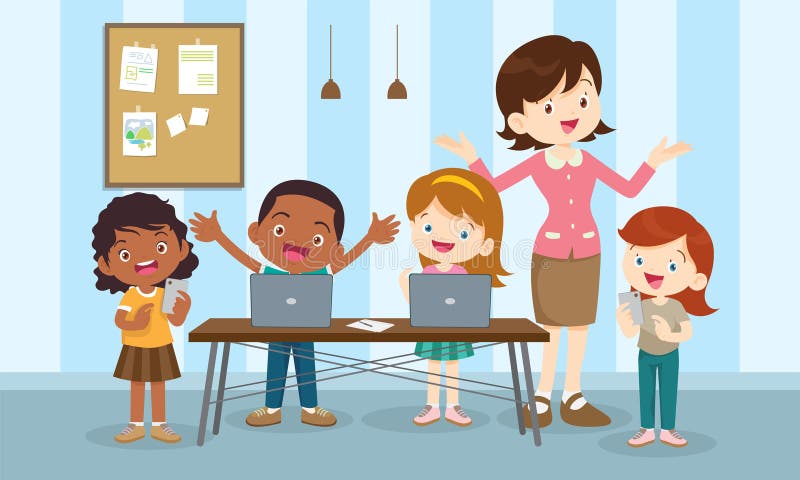 Teacher and Kids Learning Computer Technology Education Stock Vector ...