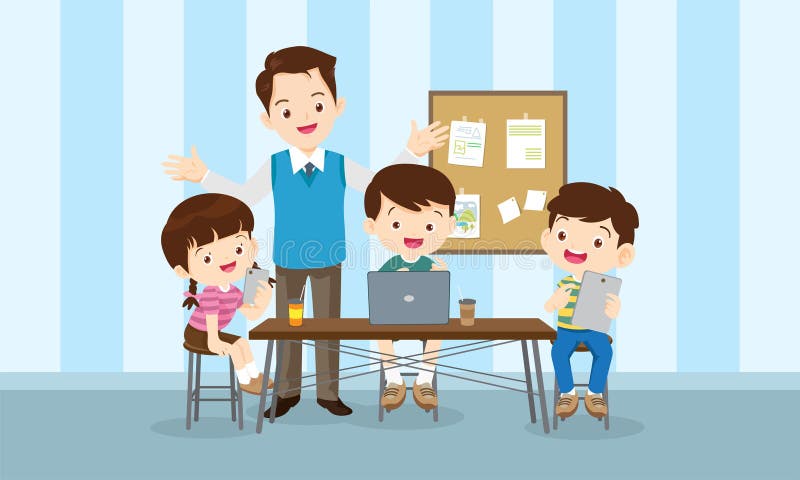 Teacher and Kids Learning Computer Technology Education Stock Vector ...