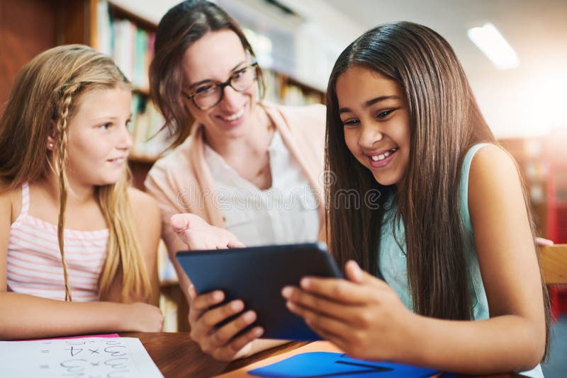 Teacher, Kids and Online with Tablet for Education, Elearning and Math ...