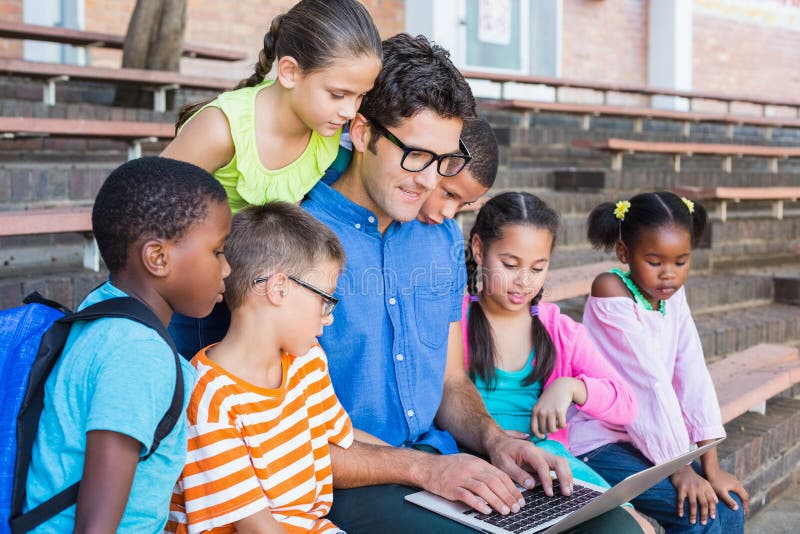 Teacher and Kids Reading Book in Library Stock Photo - Image of girl ...