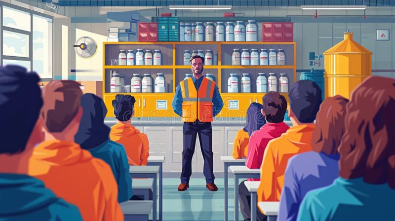 A Teacher in a Lab Coat Stands in Front of a Class of Students, Giving ...