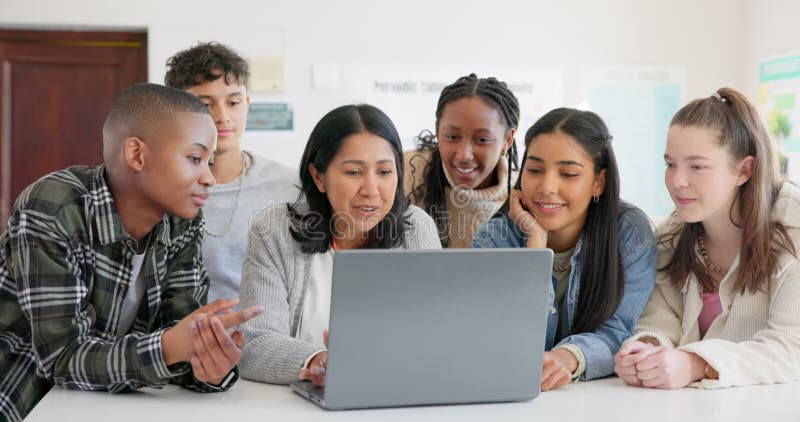 Teacher, Laptop and Group of Students, School or Learning for Analysis ...