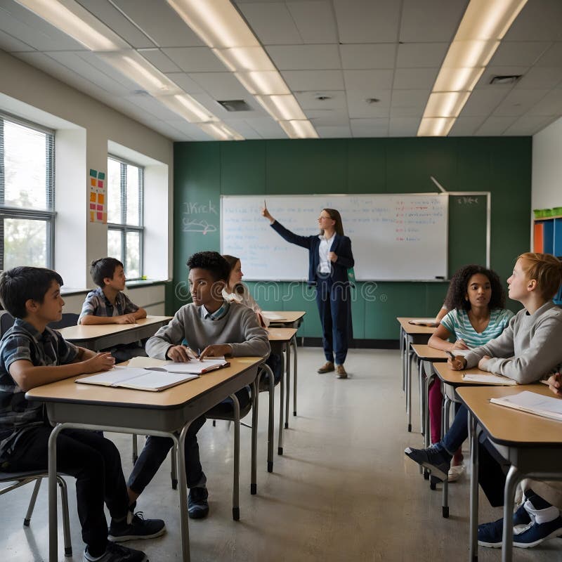 Teacher Leading Classroom Lesson with Active Student Participation Stock Illustration ...