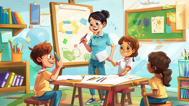 Teacher Leading Students in an Art Class Drawing and Learning with ...