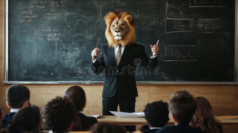 Teacher with Lion Head Teaches Students in Classroom during School ...