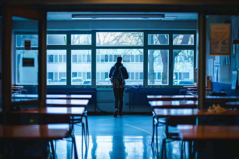 Teacher Looking Outside with Dramatic Lighting through Windows Creates ...