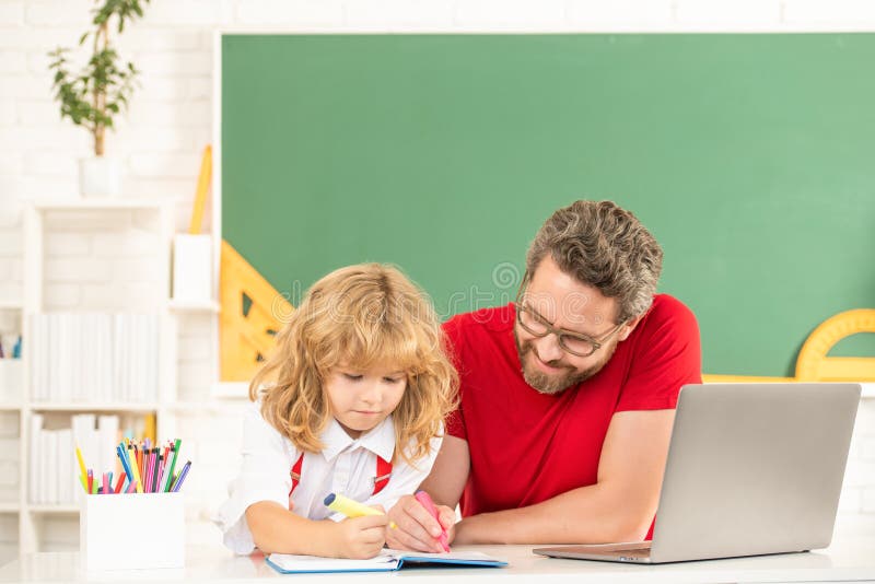 Teacher Man and Kid Study in Classroom with Laptop, Fatherhood Stock ...