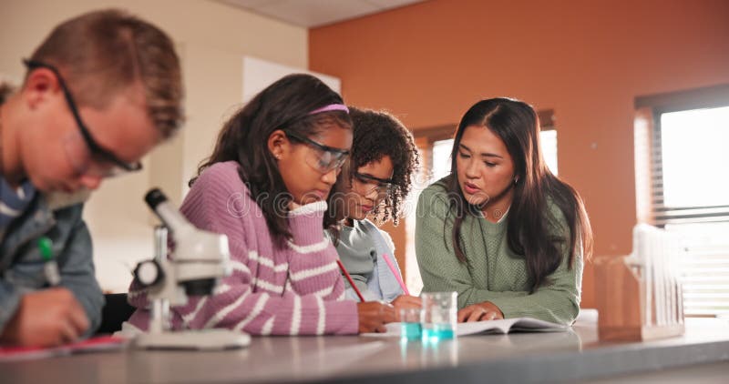 Teacher, Notes and Student for Science Experiment, Writing and ...