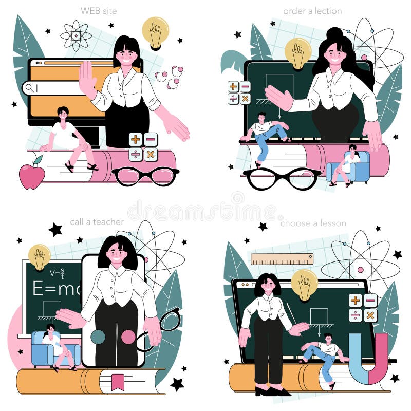 Teacher Online Service or Platform Set. Professor Conduct a Lesson ...