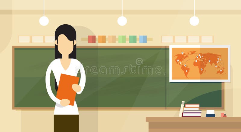 Teacher Over Class Board Classroom Woman with Book Lesson Flat Design ...