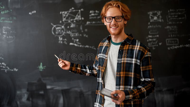 Teacher Point with Pencil at Board with Formulas Stock Photo - Image of ...