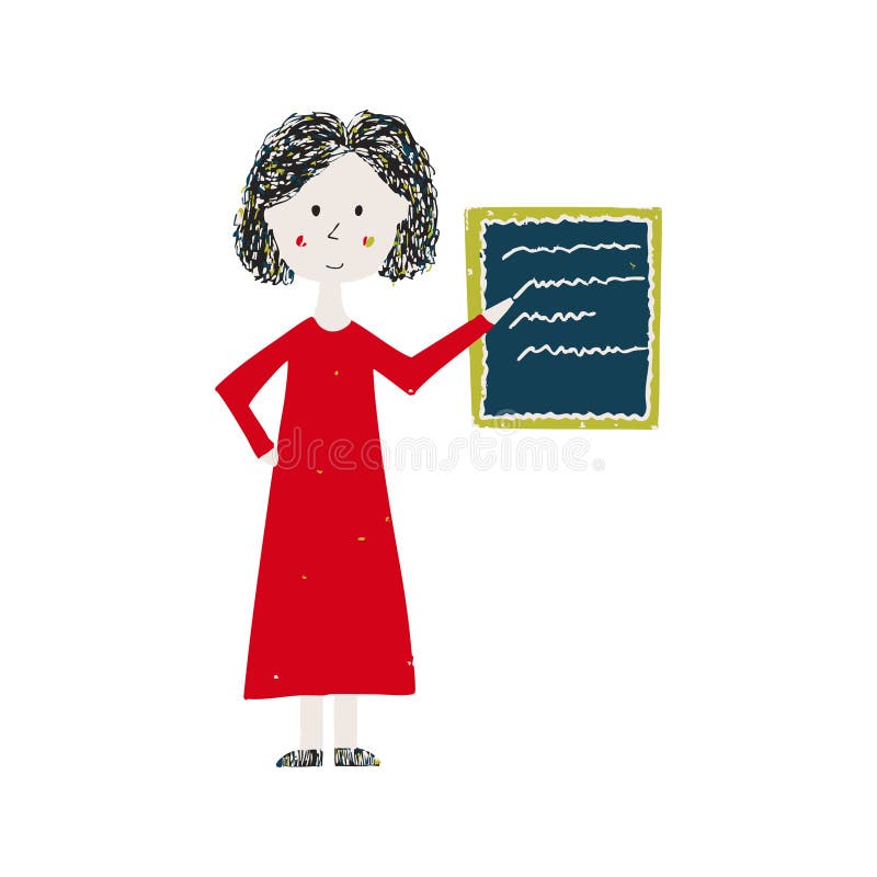 Teacher Pointing at Chalkboard in Hand Drawn Doodle Style. Education ...