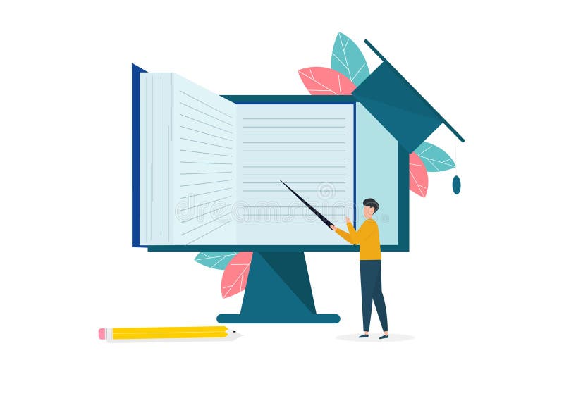 Teacher Pointing at Computer Monitor with Notebook on Screen Against ...