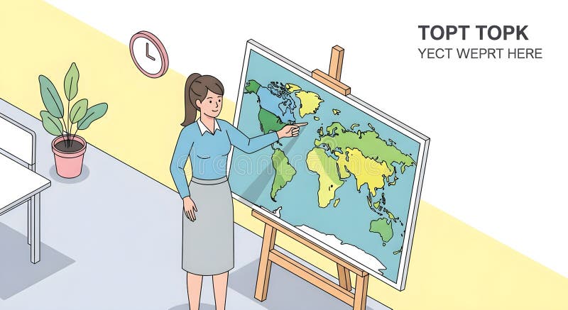 Teacher Pointing at World Map on Easel in Classroom, Educational ...