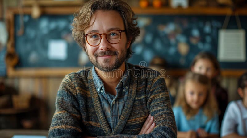 Teacher. Portrait of a Happy Handsome Male Teacher in the Classroom ...