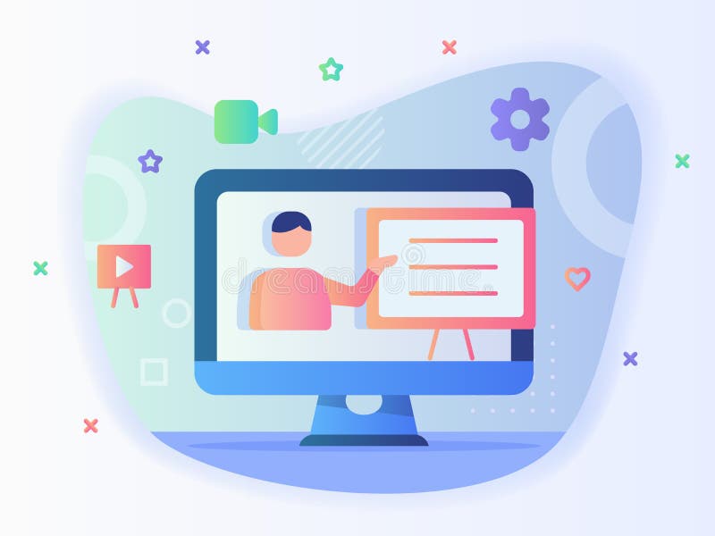 Teacher Presentation Course Material Via Video on Computer Screen ...