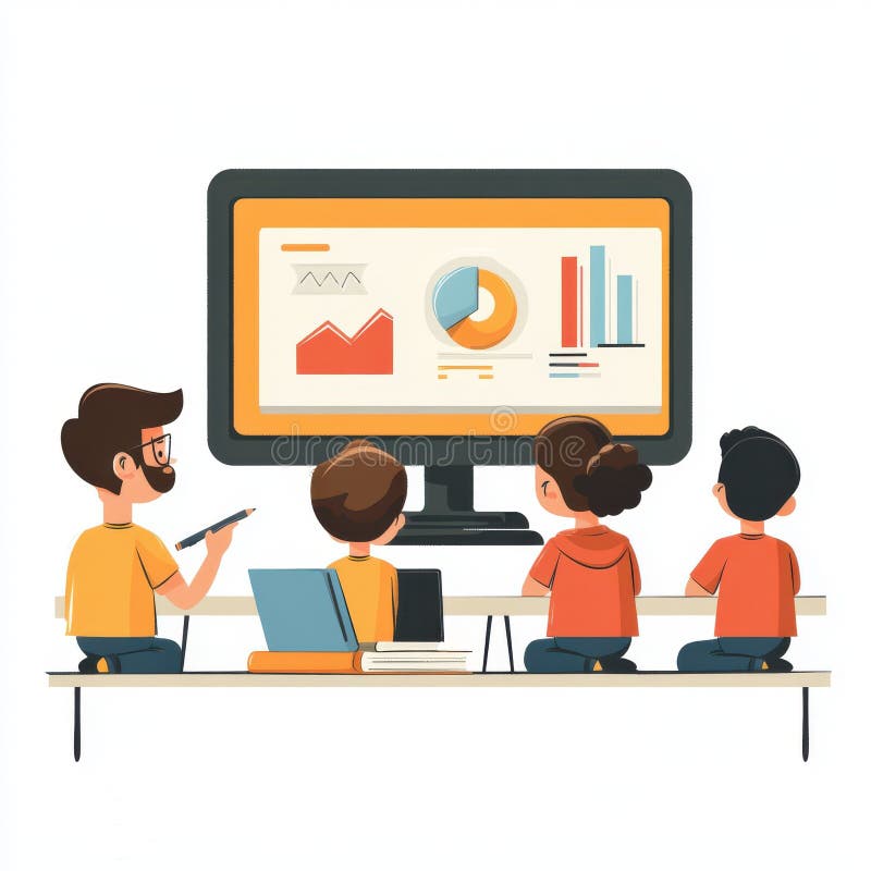 Teacher Presenting Data Charts To Students on Large Screen Learning ...
