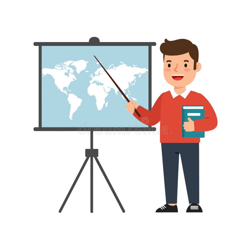 Teacher Presenting World Map on Easel in Flat Vector Art Stock Vector ...