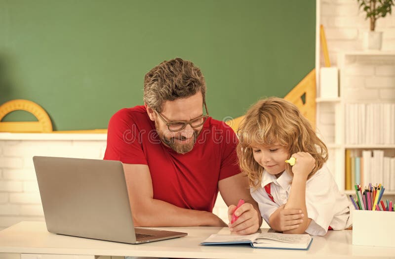 Teacher and Pupil Study in Classroom with Laptop, Education Stock Image ...