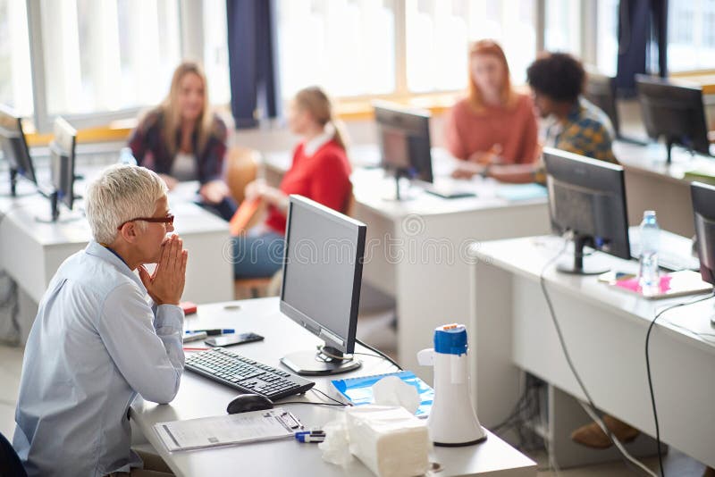 Back View of Teacher in the Classrom Stock Image - Image of knowledge ...