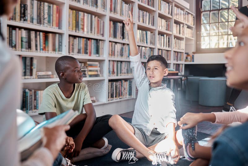 Teacher, Reading or Student with Questions in a Classroom or Library ...