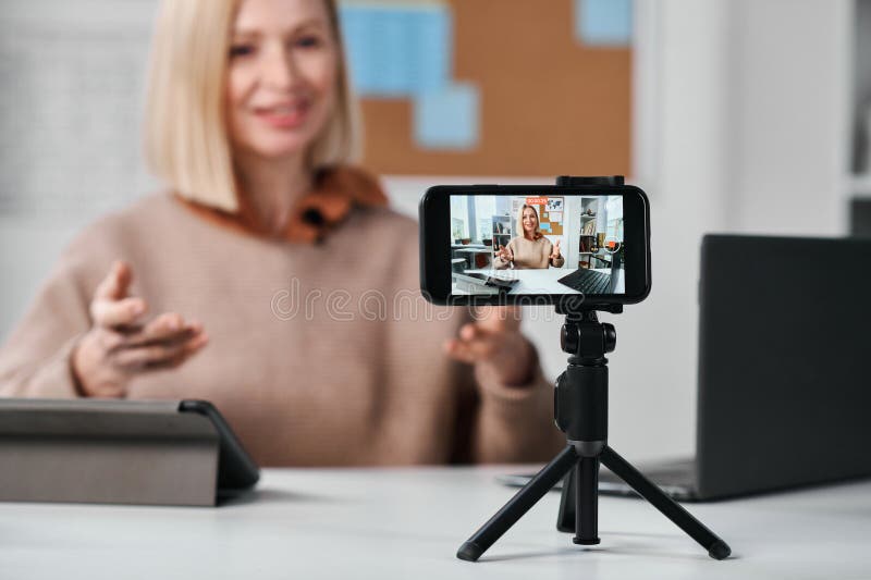 Teacher Recording Lesson on Her Smartphone Stock Image - Image of ...