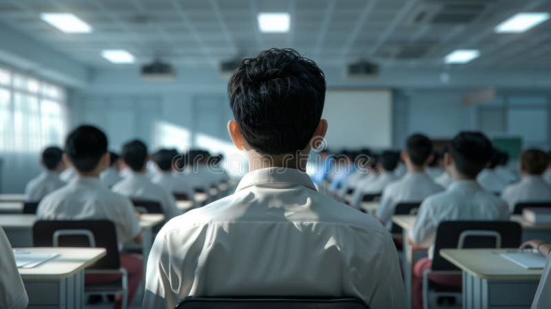 A Teacher S Back View with Rows of Students in Uniforms Facing a ...