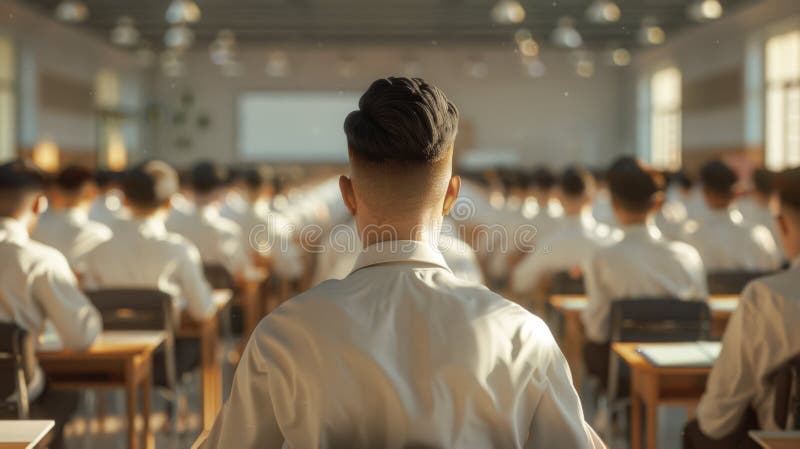 A Teacher S Back View with Rows of Students in Uniforms Facing a ...