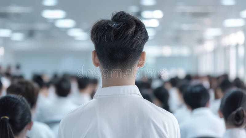 A Teacher S Back View with Rows of Students in Uniforms Facing a ...