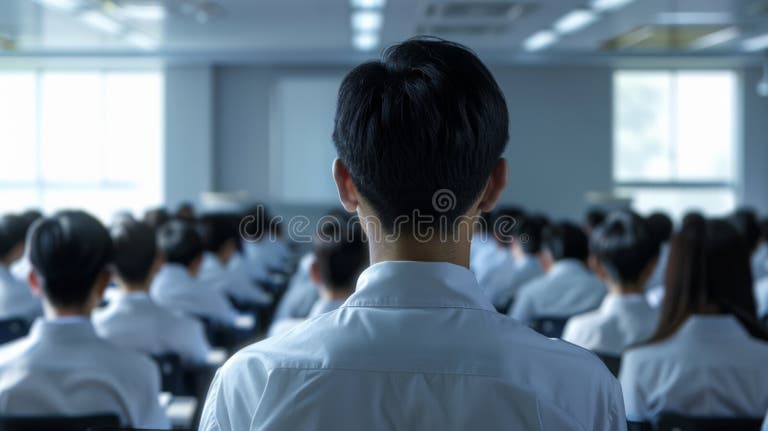 A Teacher S Back View with Rows of Students in Uniforms Facing a ...