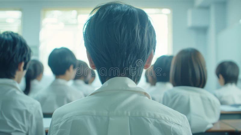 A Teacher S Back View with Rows of Students in Uniforms Facing a ...