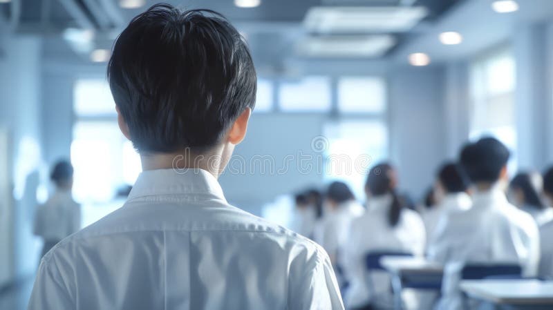 A Teacher S Back View with Rows of Students in Uniforms Facing a ...