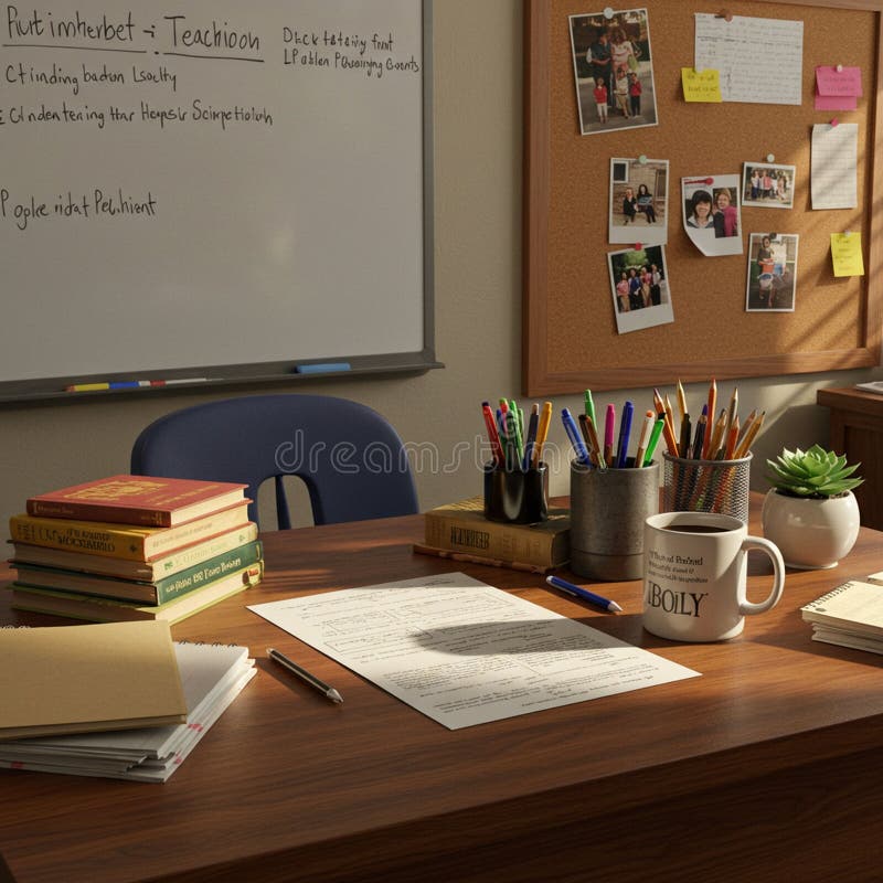 A Teacher S Desk with a Stack of Books, Writing Materials, and a Coffee ...